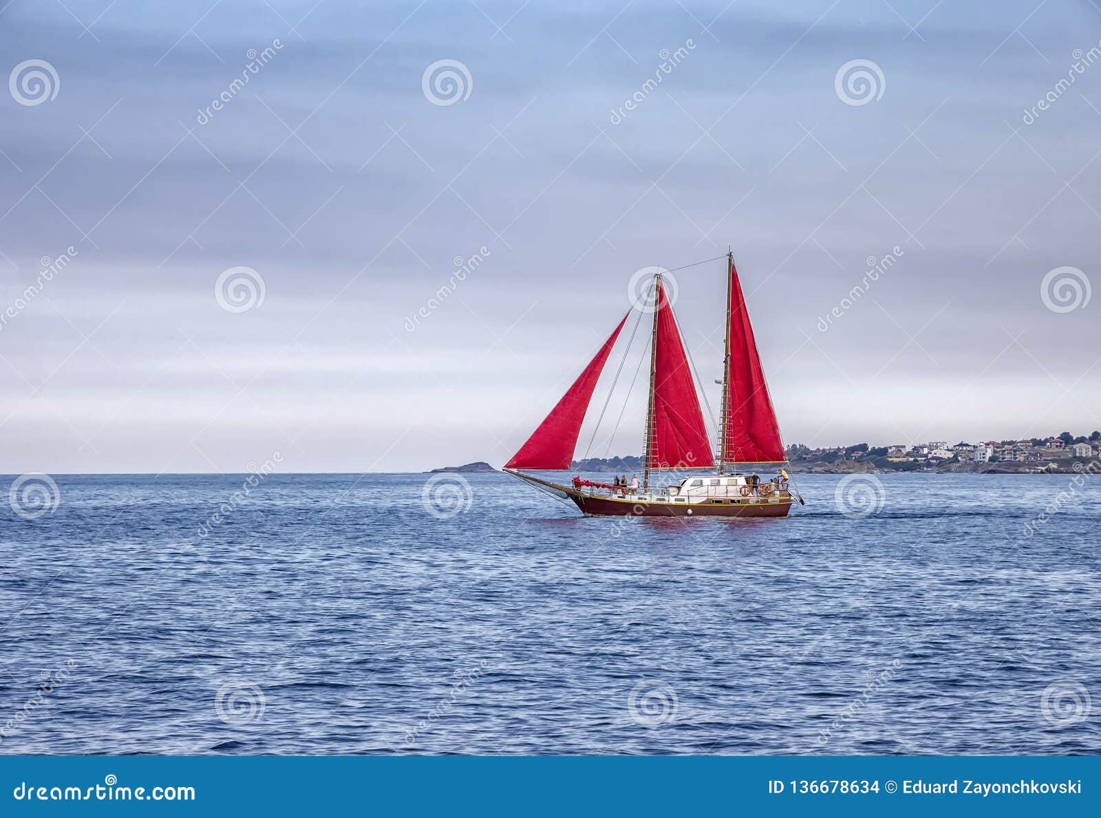 Sailing Sailboat with Red Sails Stock Photo - Image of cloud, clouds ...