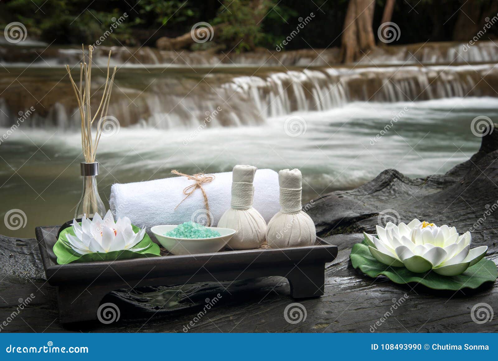 Beautiful Composition of Spa Accessories on Waterfall Background Stock ...