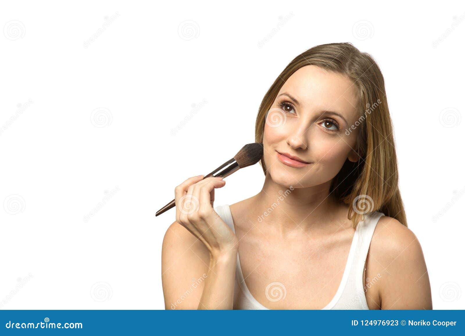 Confident Woman Applying Makeup Isolated on White. Stock Image - Image ...