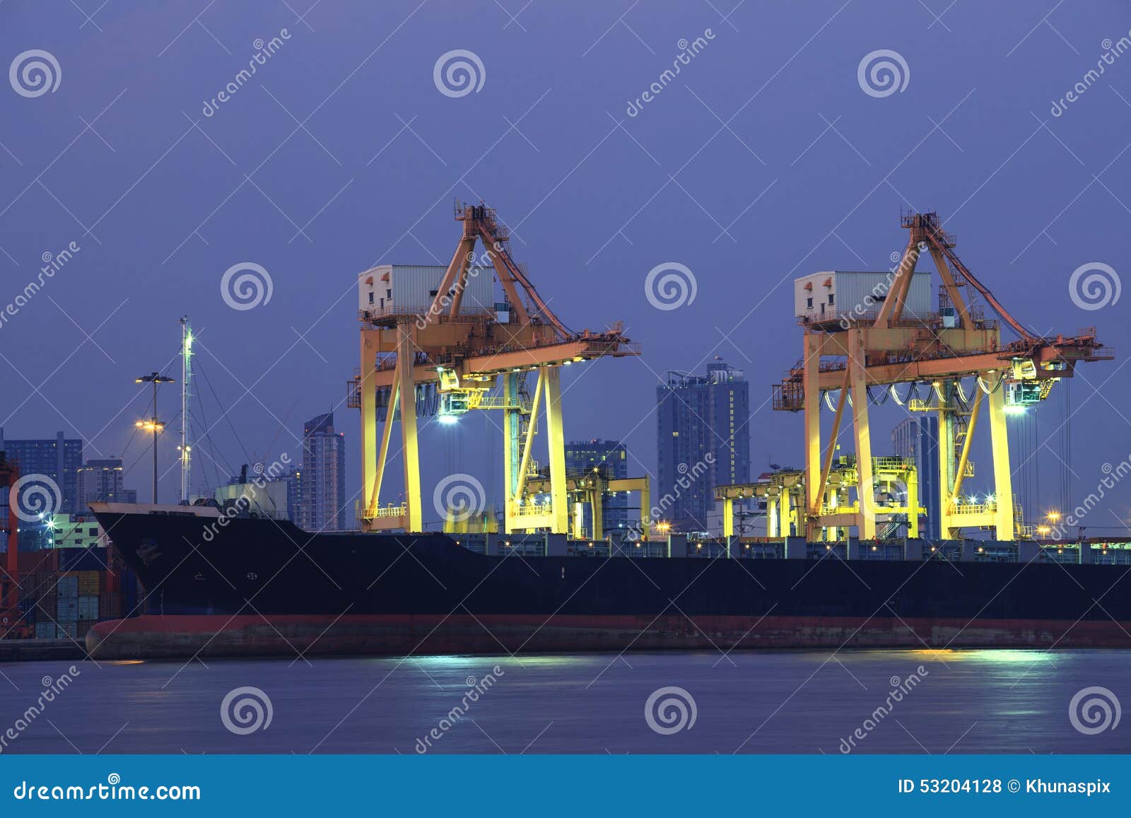 Beautiful of Container Ship in Port with Lighting and Dusky Sky Stock ...