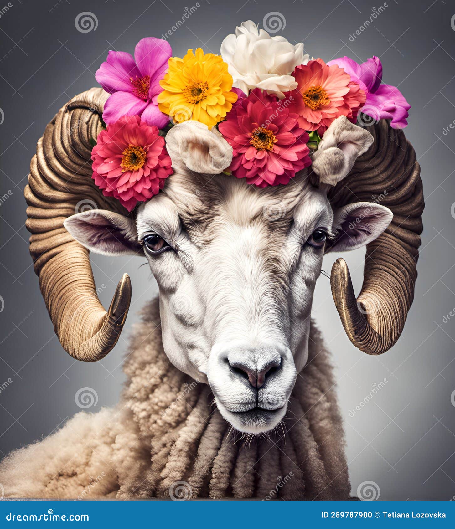 Beautiful Cool Ram Portrait with Flowers on Head, AI Stock Illustration ...