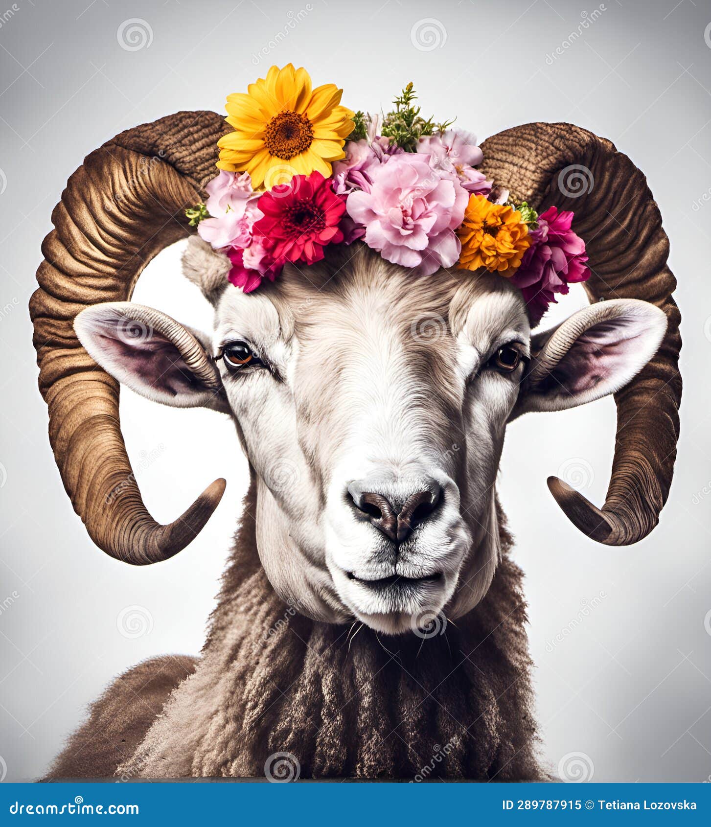 Beautiful Cool Ram Portrait with Flowers on Head, AI Stock Image ...