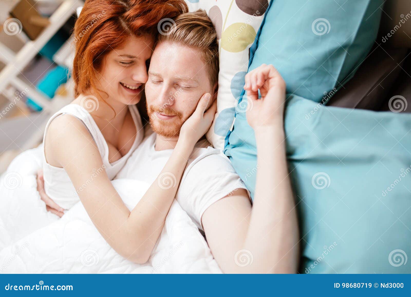 Beautiful couple in bed stock image. Image of home, person - 98680719