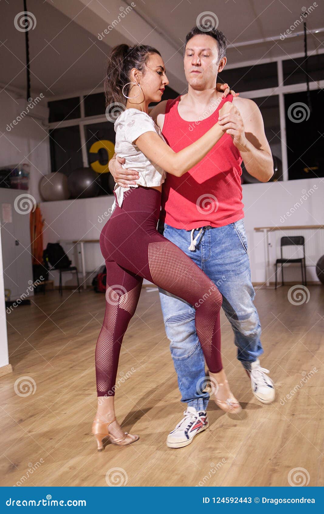 Beautiful Couple Dancing Social Dance in Big Studio Hall Stock Image ...