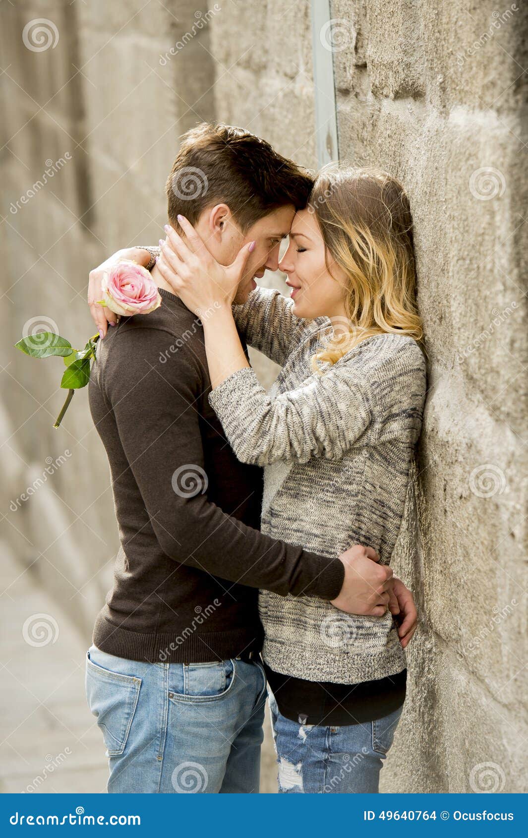 Beautiful Couple In Love Kissing On Street Alley Celebrating Valentines