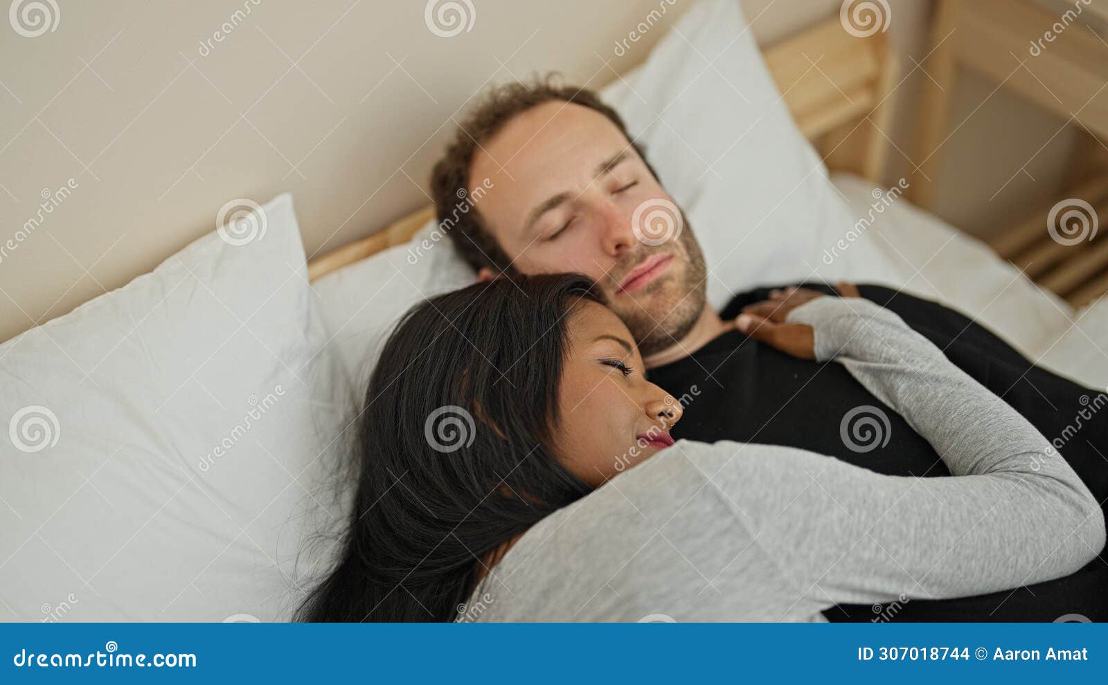 Beautiful Couple Lying on Bed Hugging Each Other Sleeping at Bedroom ...