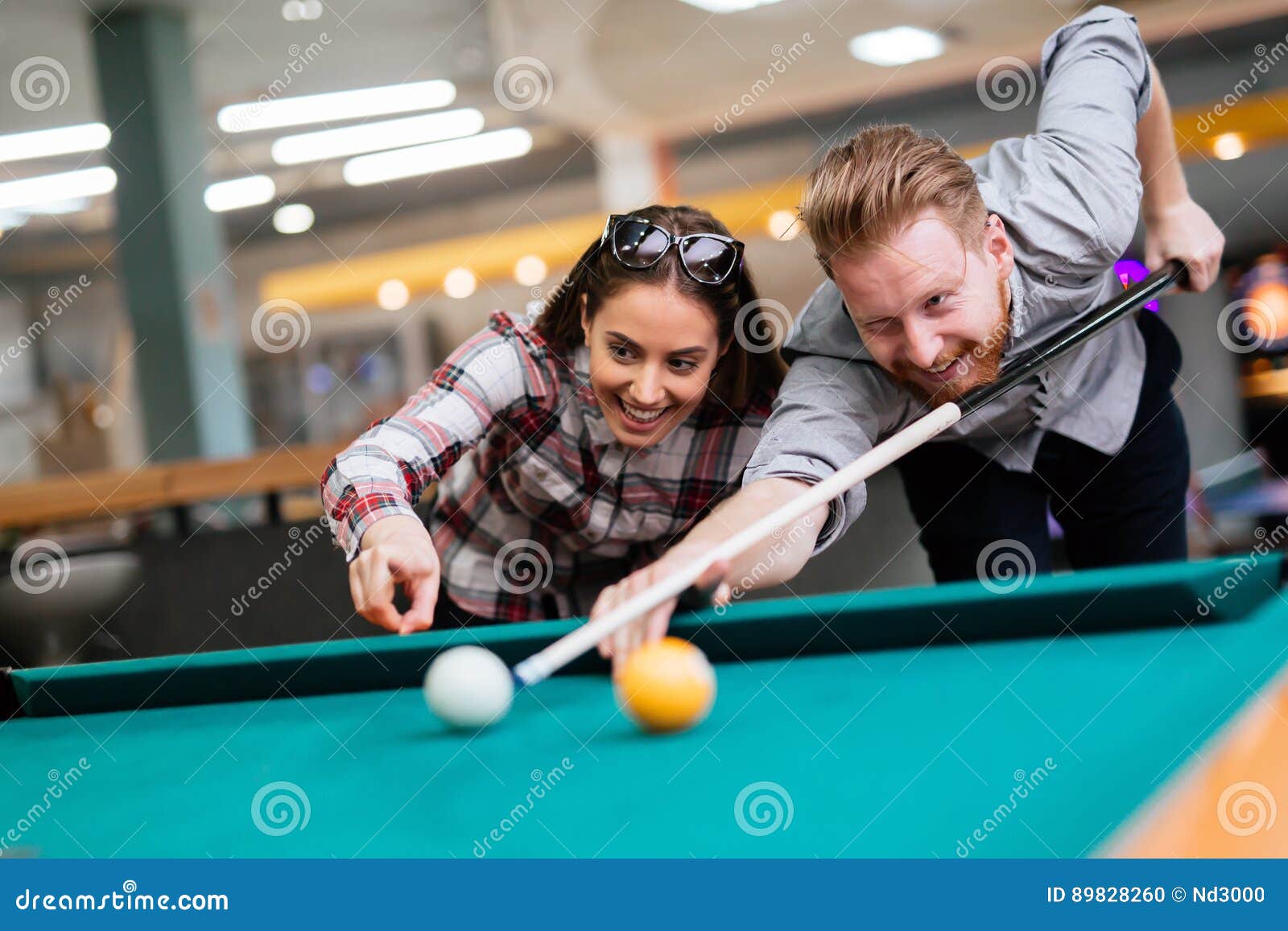 Beautiful Couple Playing Billiards Stock Photo - Image of leisure ...