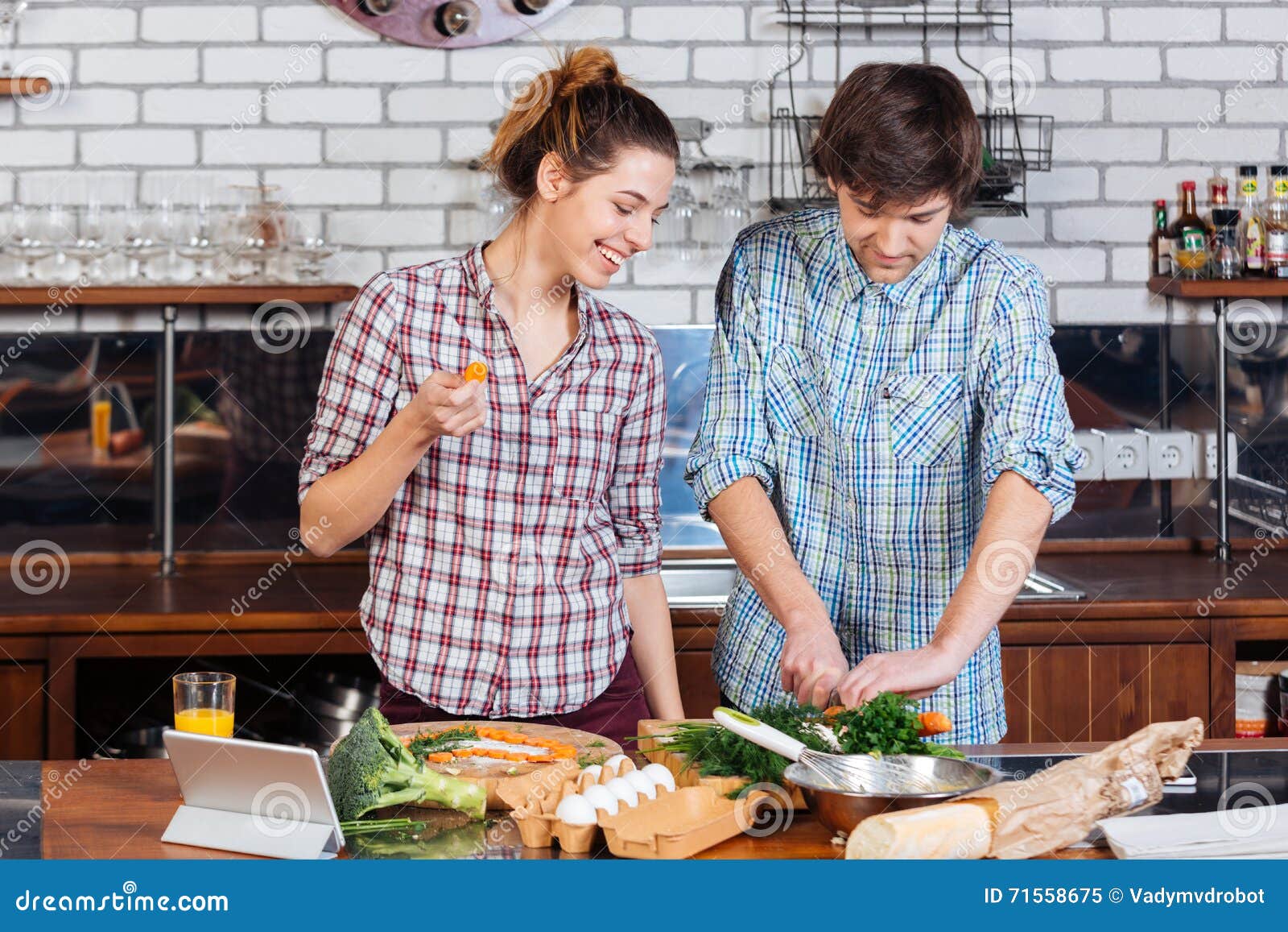 Beautiful Couple Standing and Cooking Together on Kitchen Stock Image ...