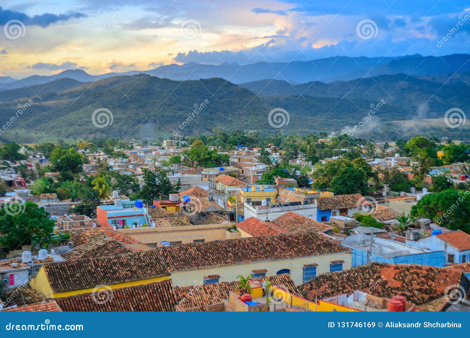 Beautiful Cozy City Surrounded by Mountains at Sunset Stock Image ...