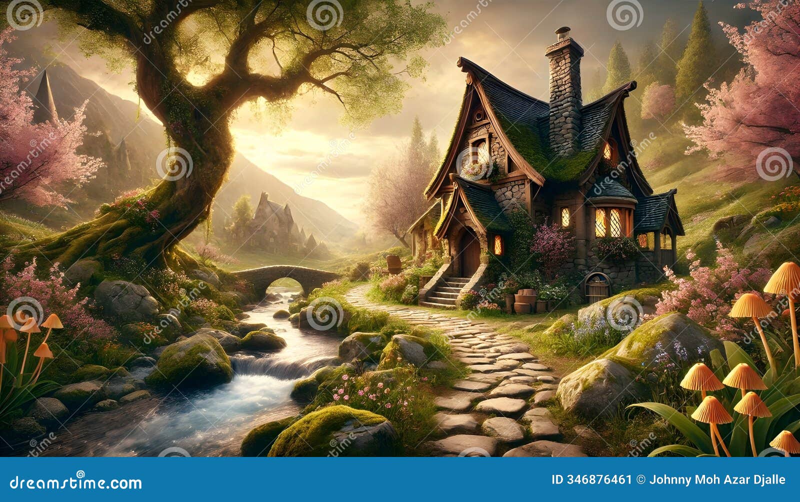 Beautiful Cozy Fantasy Stone Cottage in a Spring Forest Stock ...