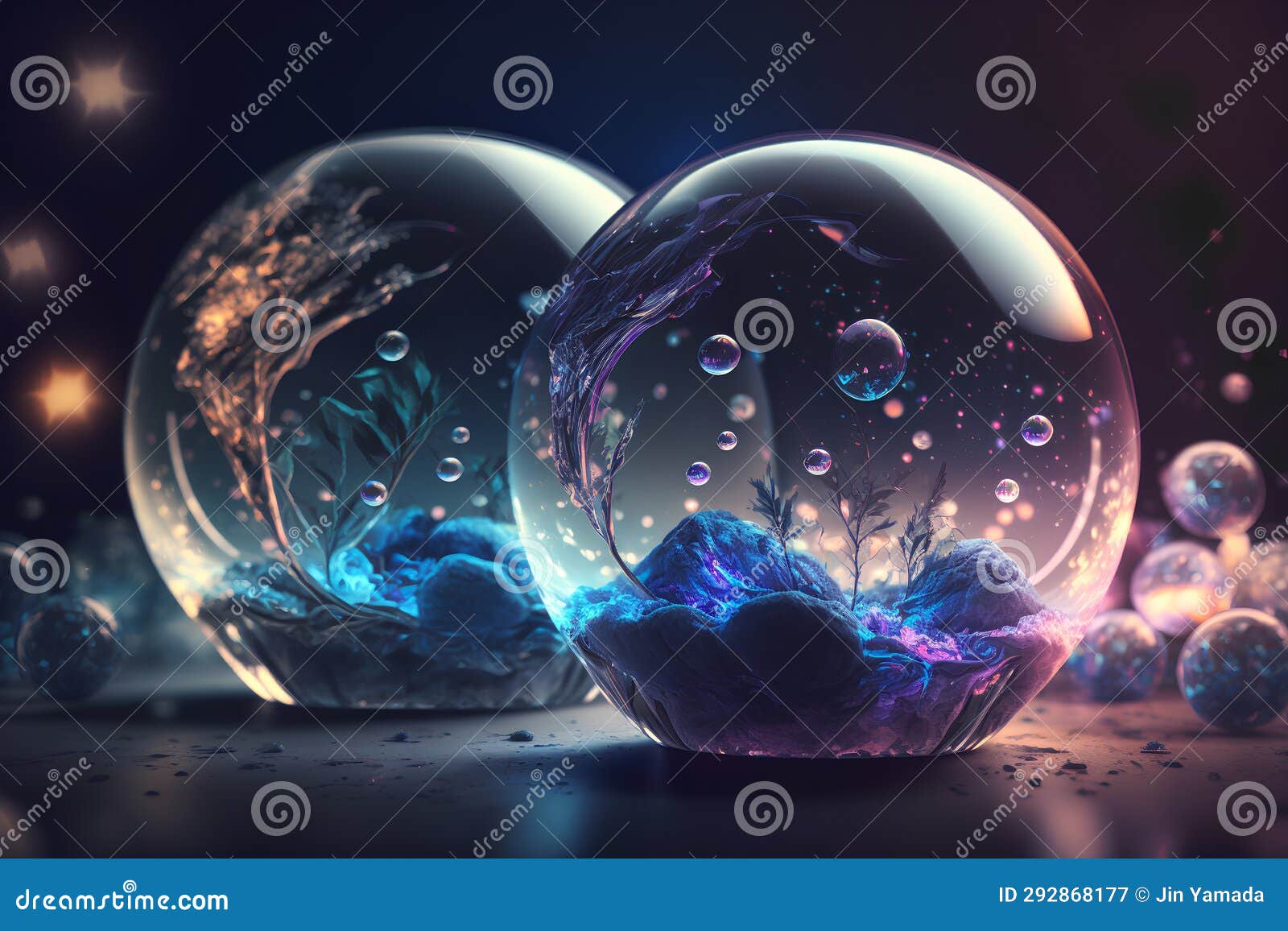 Beautiful Crystal Ball with Bubbles and Plants Inside. 3D Rendering ...