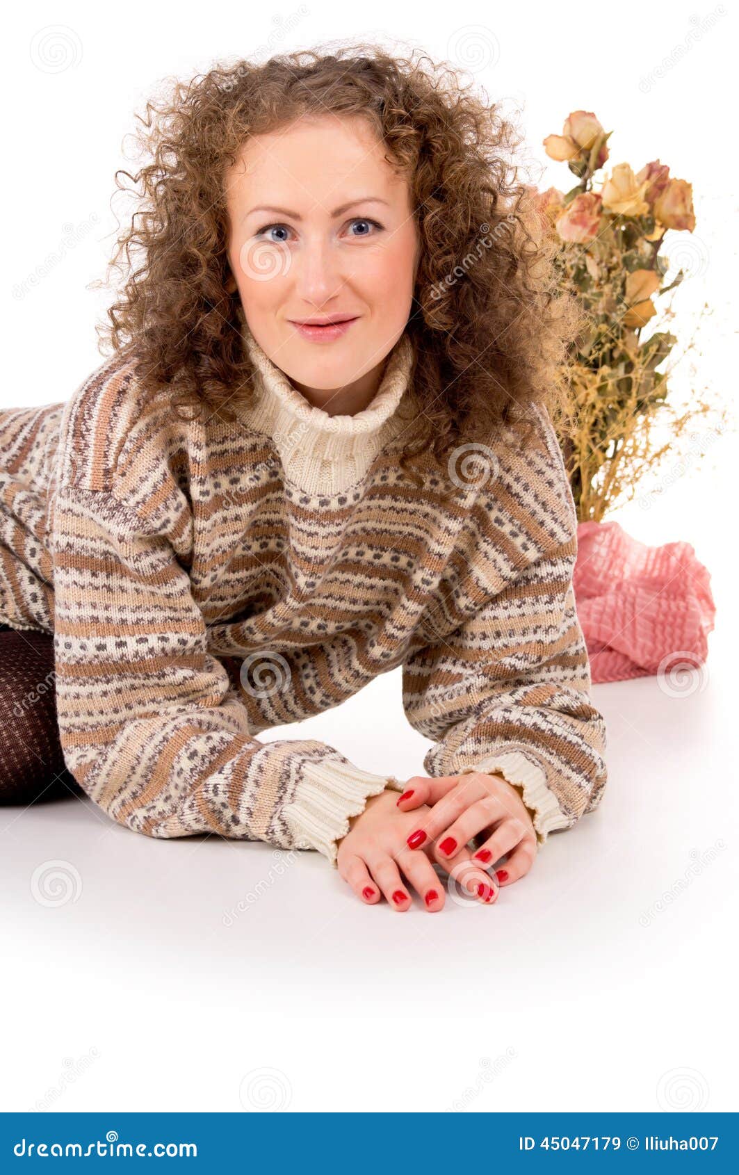 Beautiful Curly Haired Girl Lies In A Sweater Stock Image Image Of