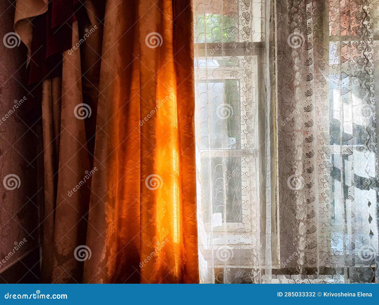 Beautiful Curtain on the Window and Transparent Tulle Curtain. Abstract ...