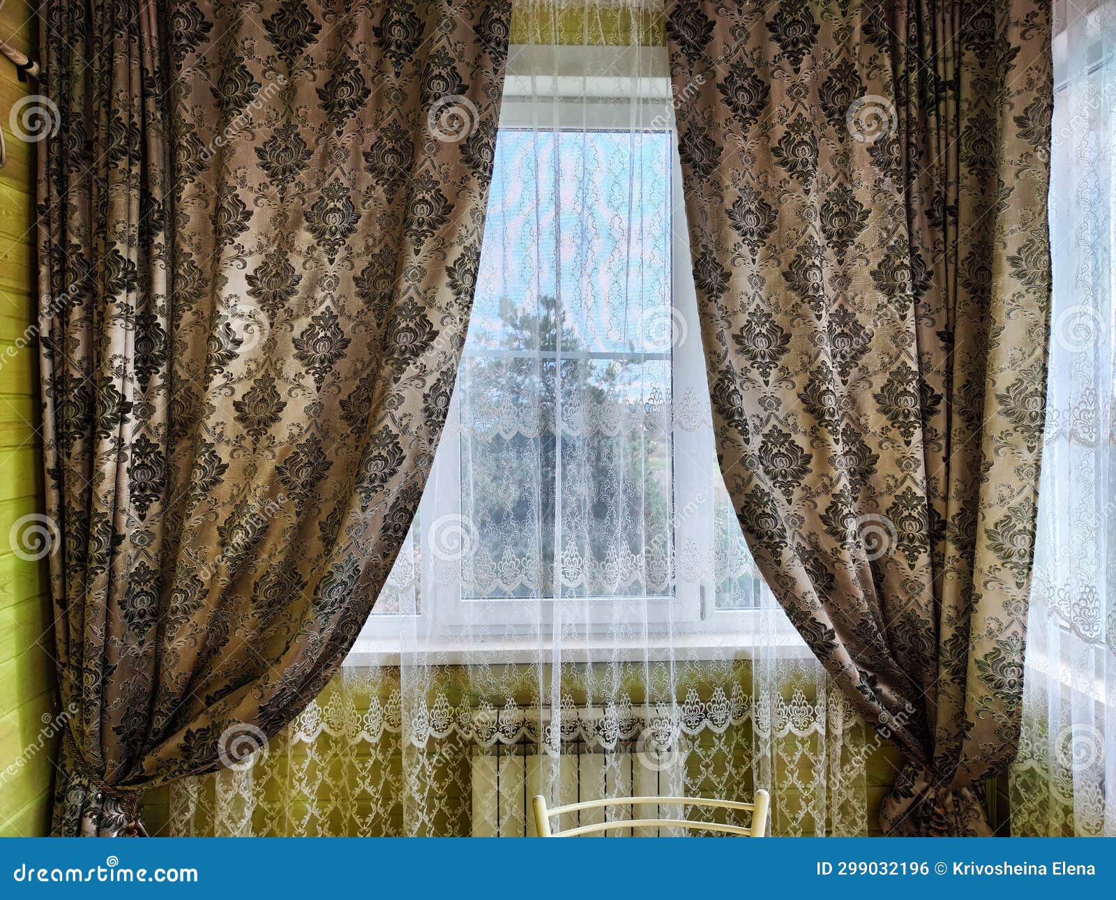 Beautiful Curtains on the Window with Tulle, Thick Curtains and the Sky ...