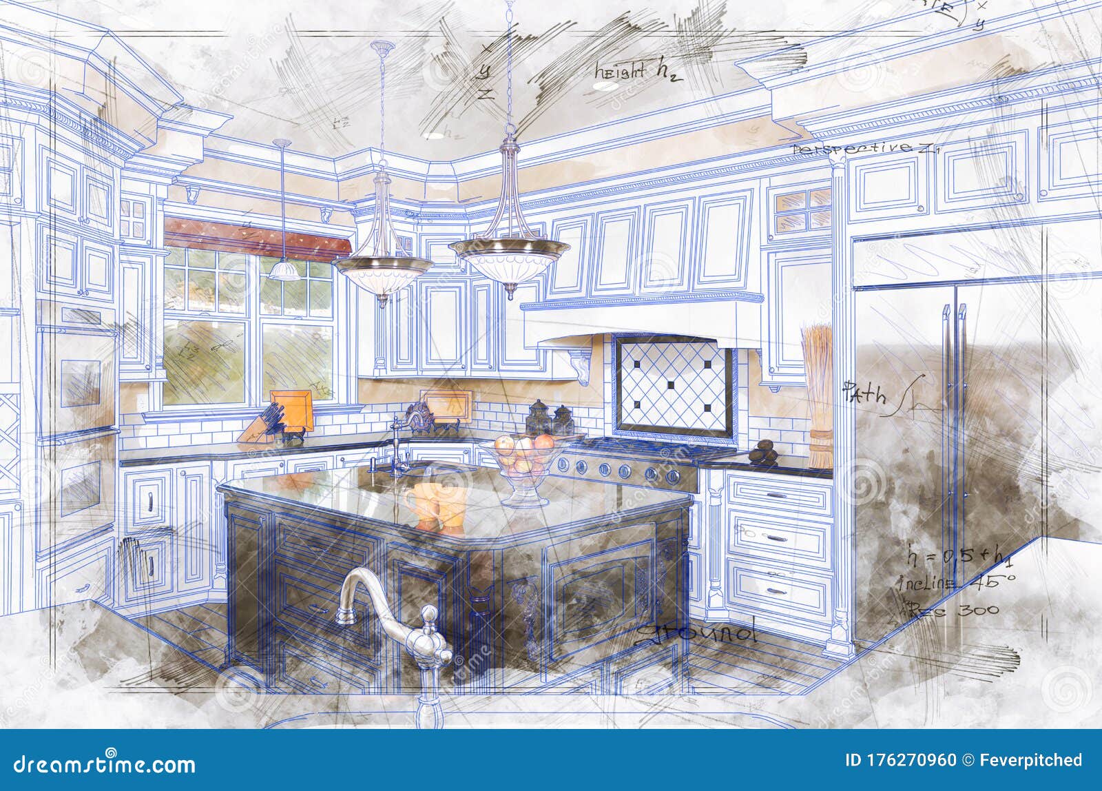 Beautiful Custom Kitchen Design Drawing Illustration Details Stock ...