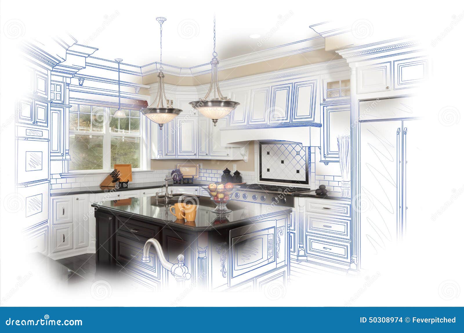 Beautiful Custom Kitchen Design Drawing and Photo Combination Stock ...
