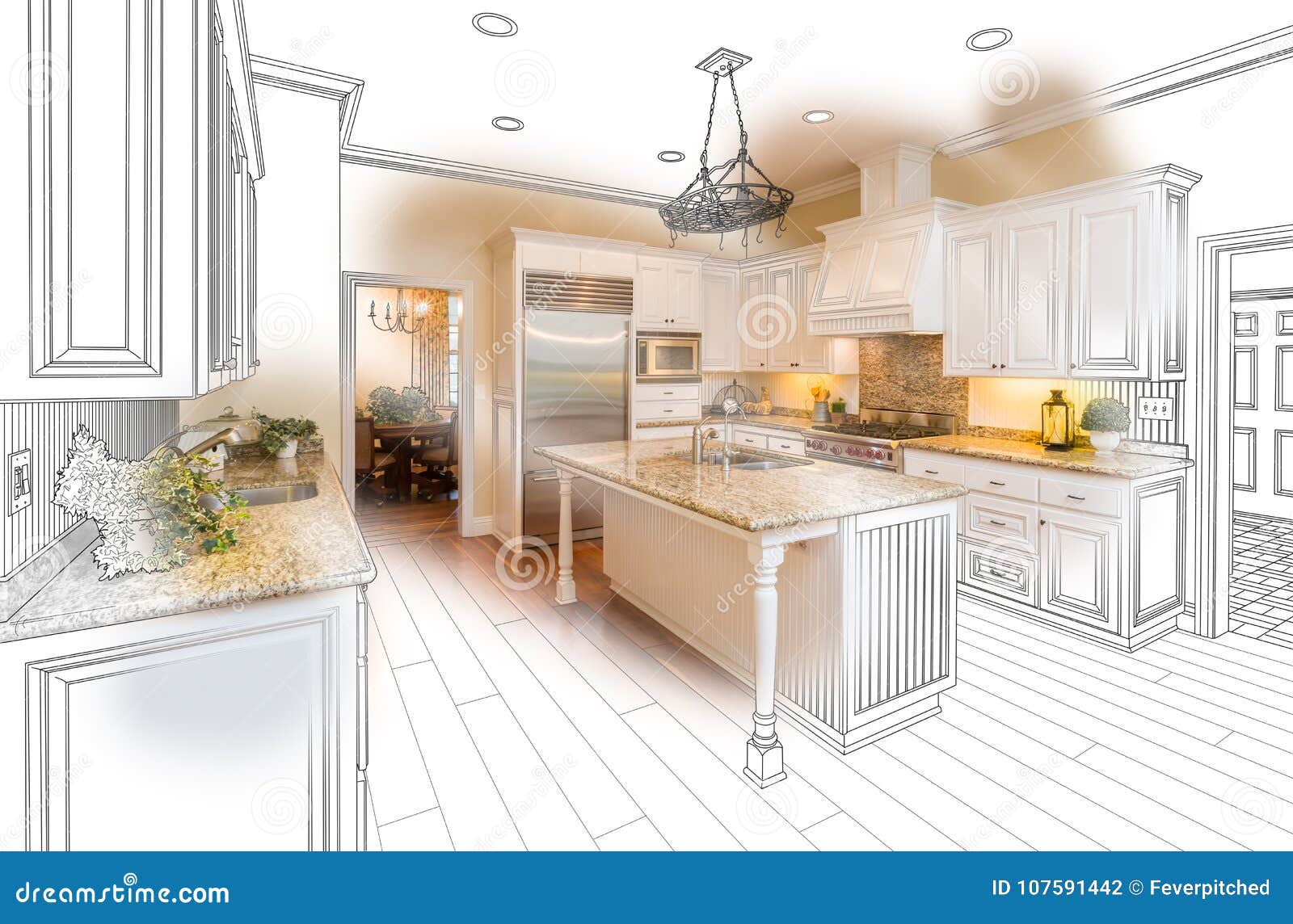 Beautiful Custom Kitchen Drawing and Photo Combination on White. Stock ...