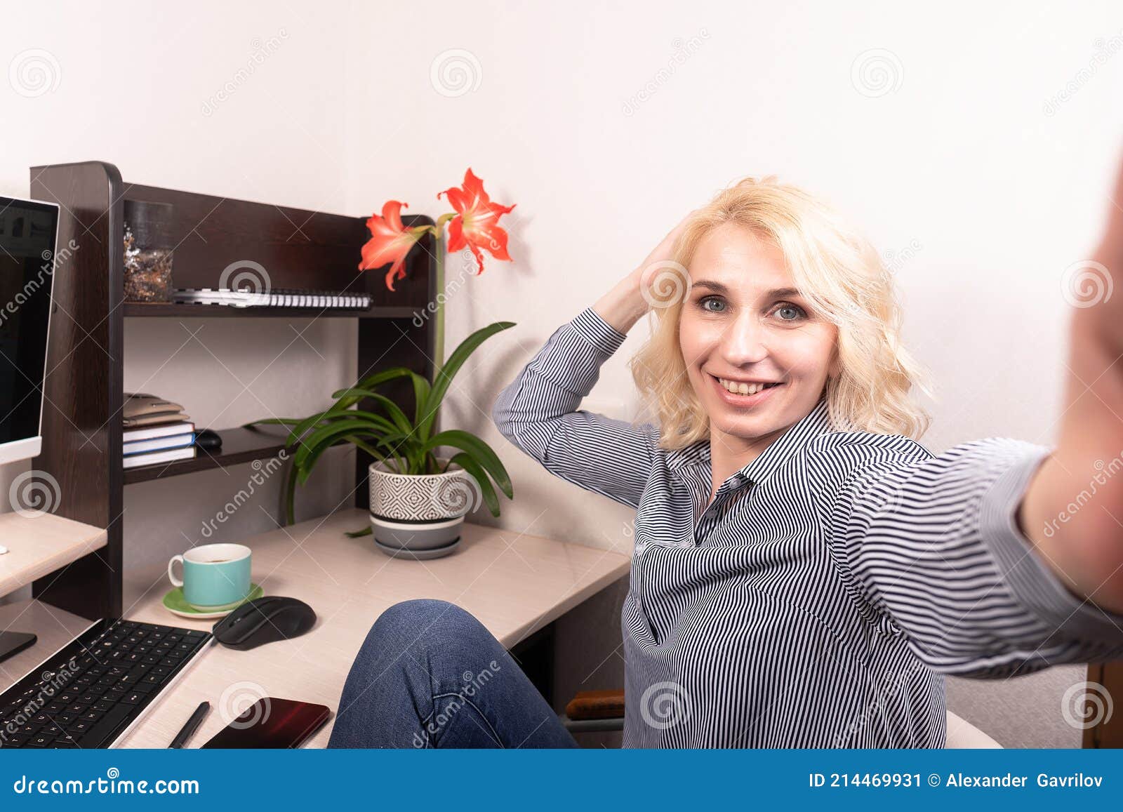 A Beautiful Cute Blonde at Home at the Computer Stock Image - Image of ...