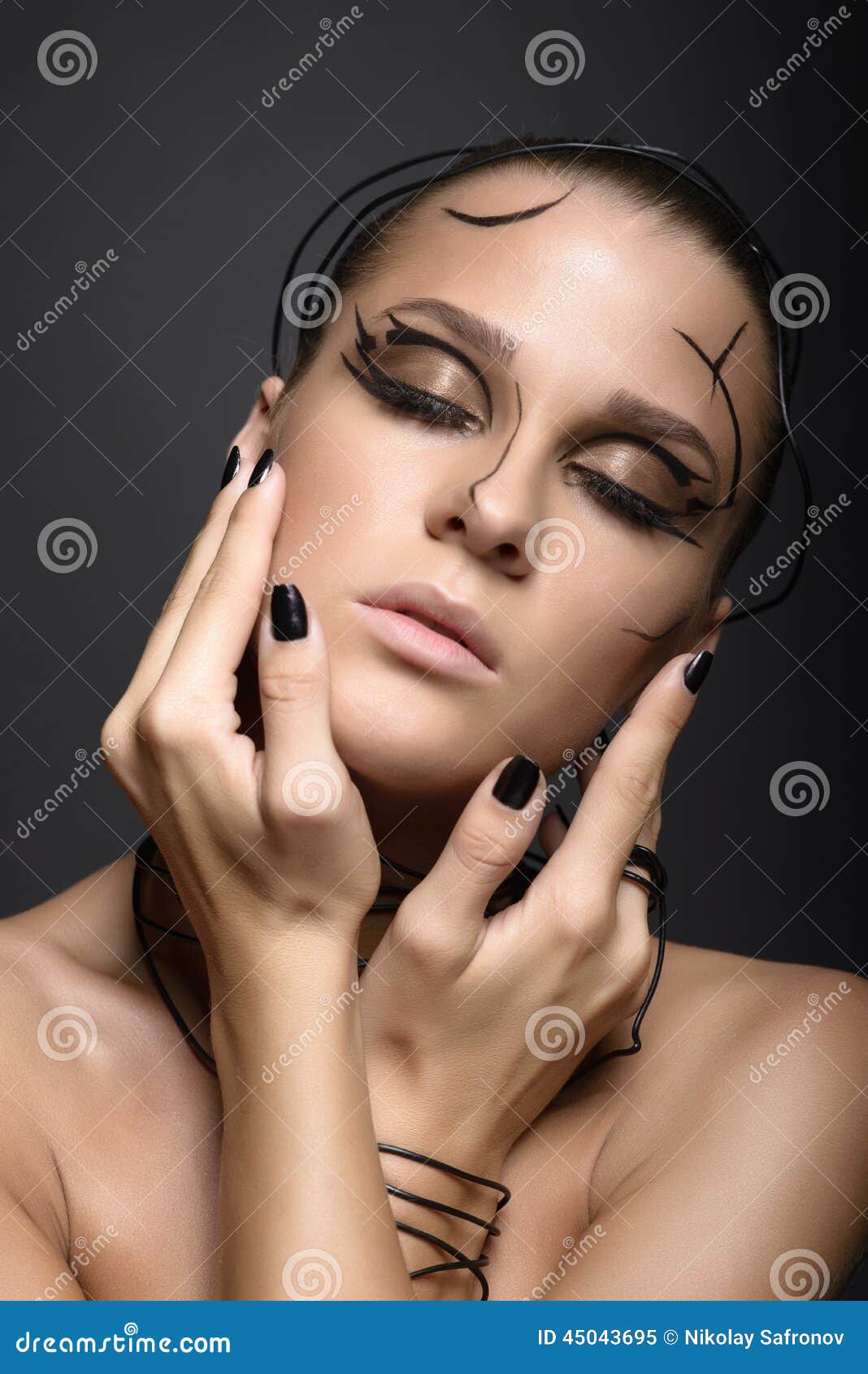 Beautiful Cyber Girl with Linear Black Makeup Stock Image - Image of ...