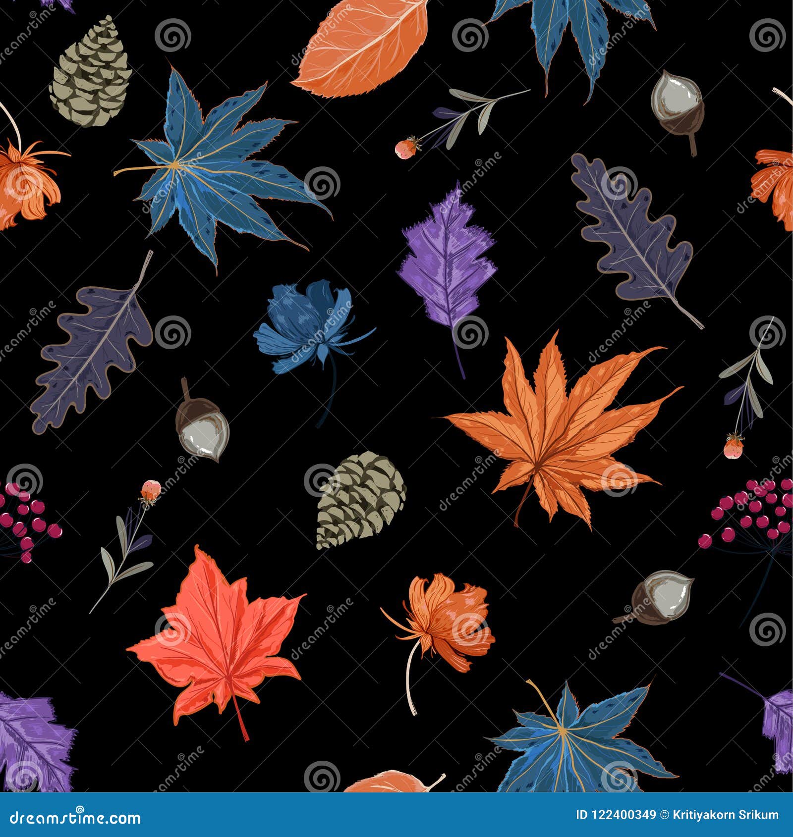 Beautiful Dark Scatter Seamless Pattern Vector Autumn Elememts Stock ...