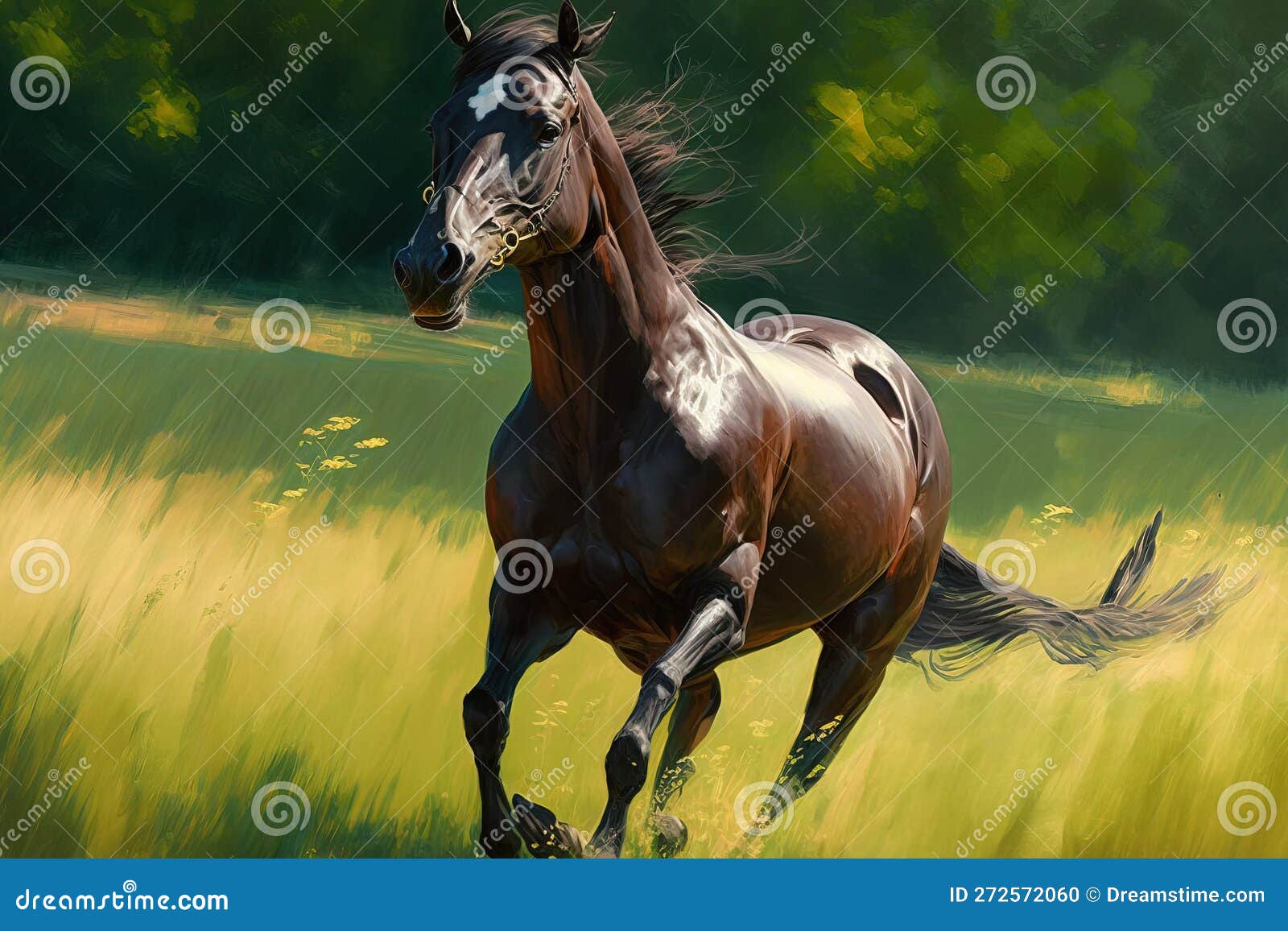 On a Beautiful Day, an Arab Racer Rushes through a Lush Summer Field ...