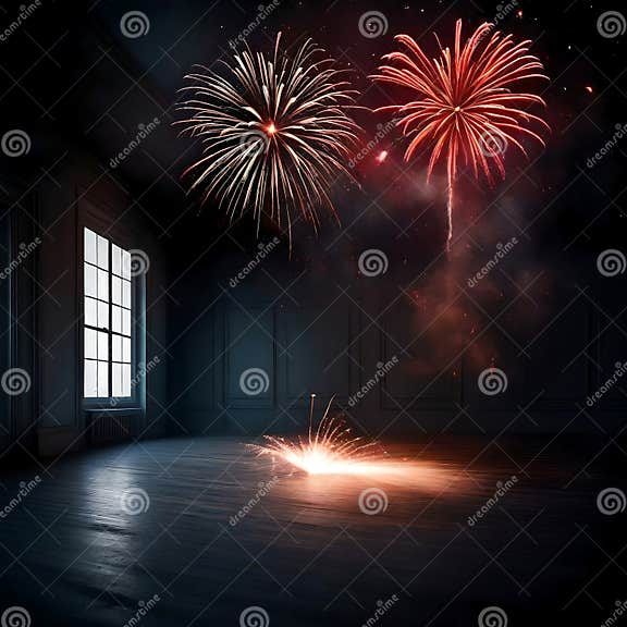 Fireworks in a Dark Empty Room - Ai Generated Image Stock Illustration ...