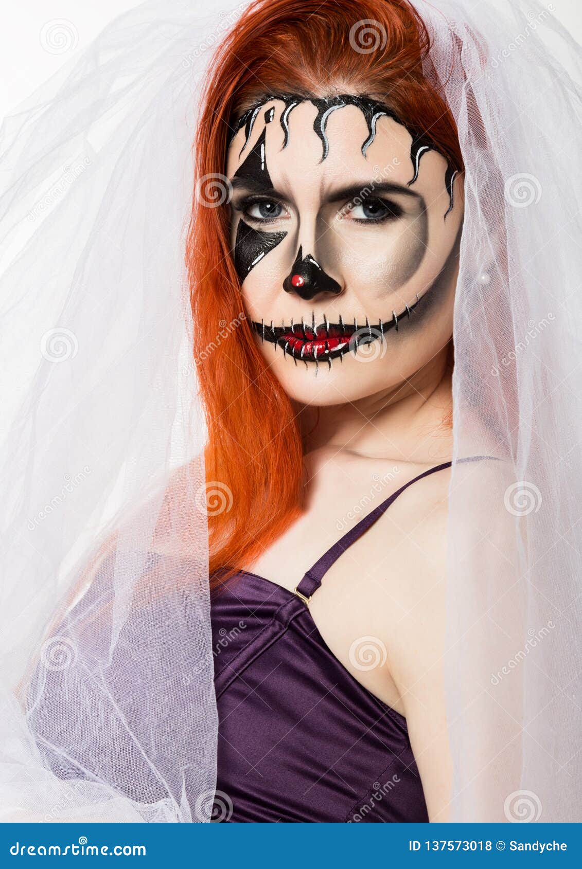 Beautiful Dead Bride with Terrible Mask Painted on Her Face. Halloween ...