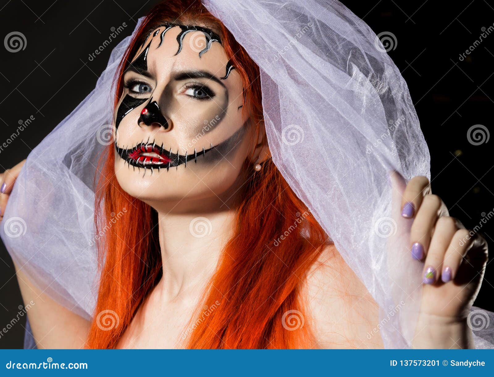 Beautiful Dead Bride with Terrible Mask Painted on Her Face. Halloween ...