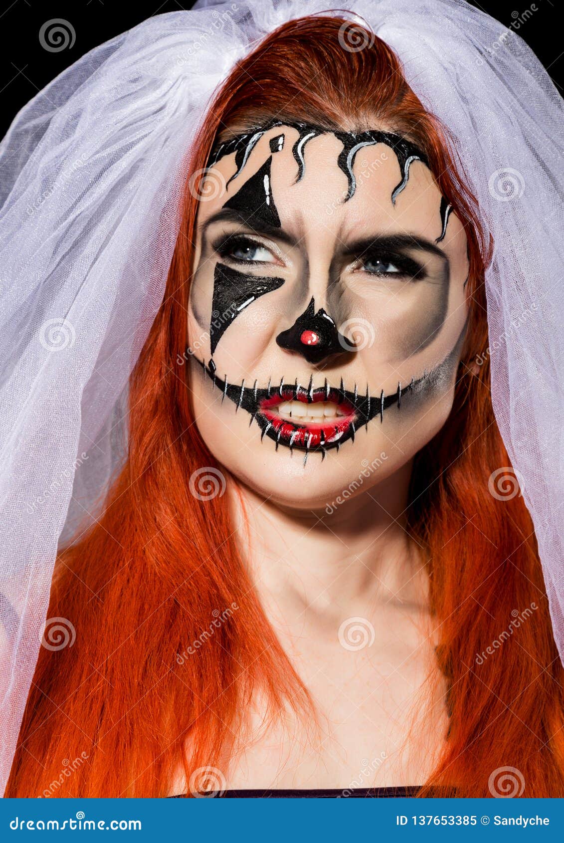 Beautiful Dead Bride with Terrible Mask Painted on Her Face. Halloween ...