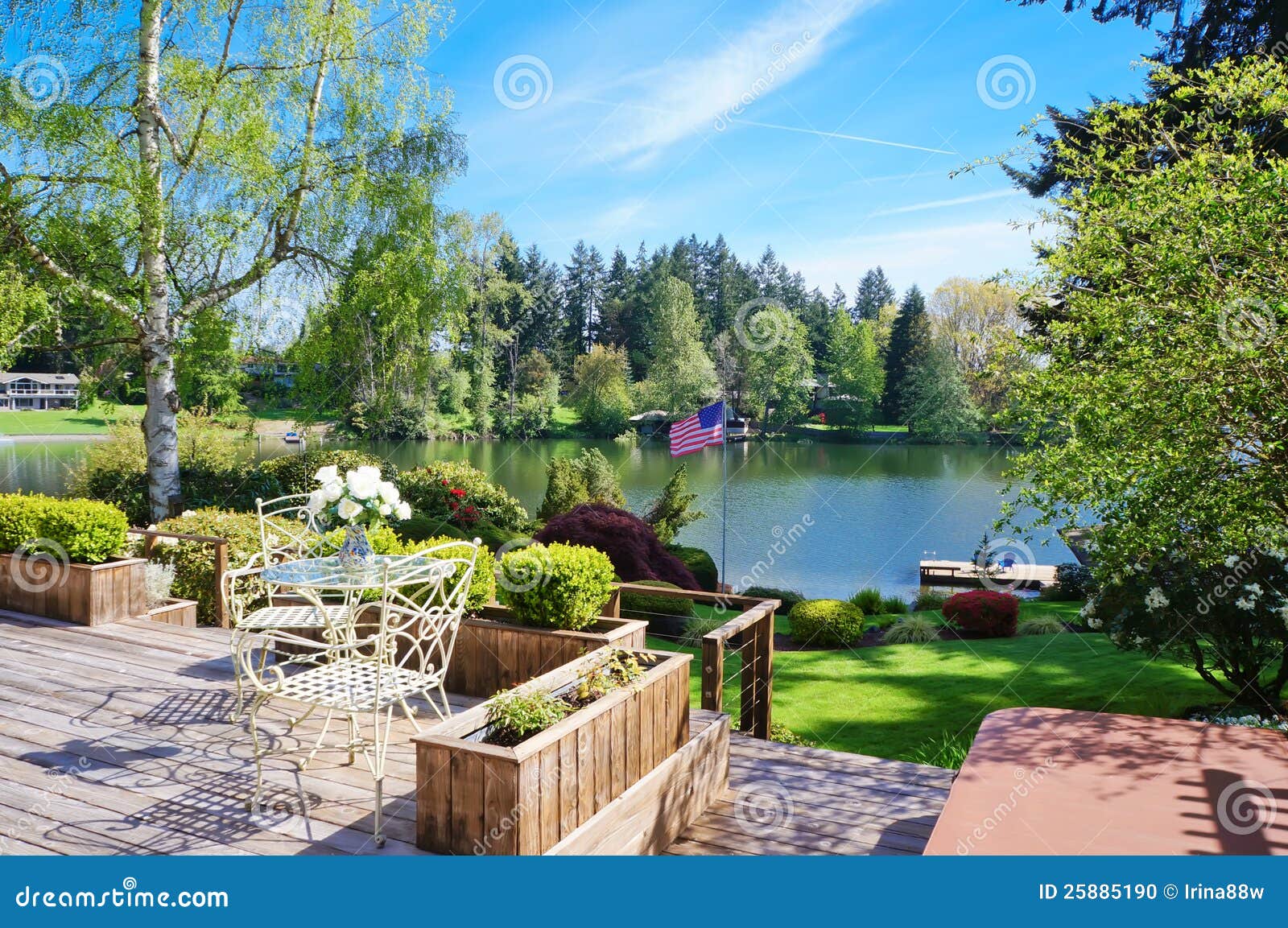 Beautiful Deck Near Lake with Spring Landscape. Stock Photo - Image of ...