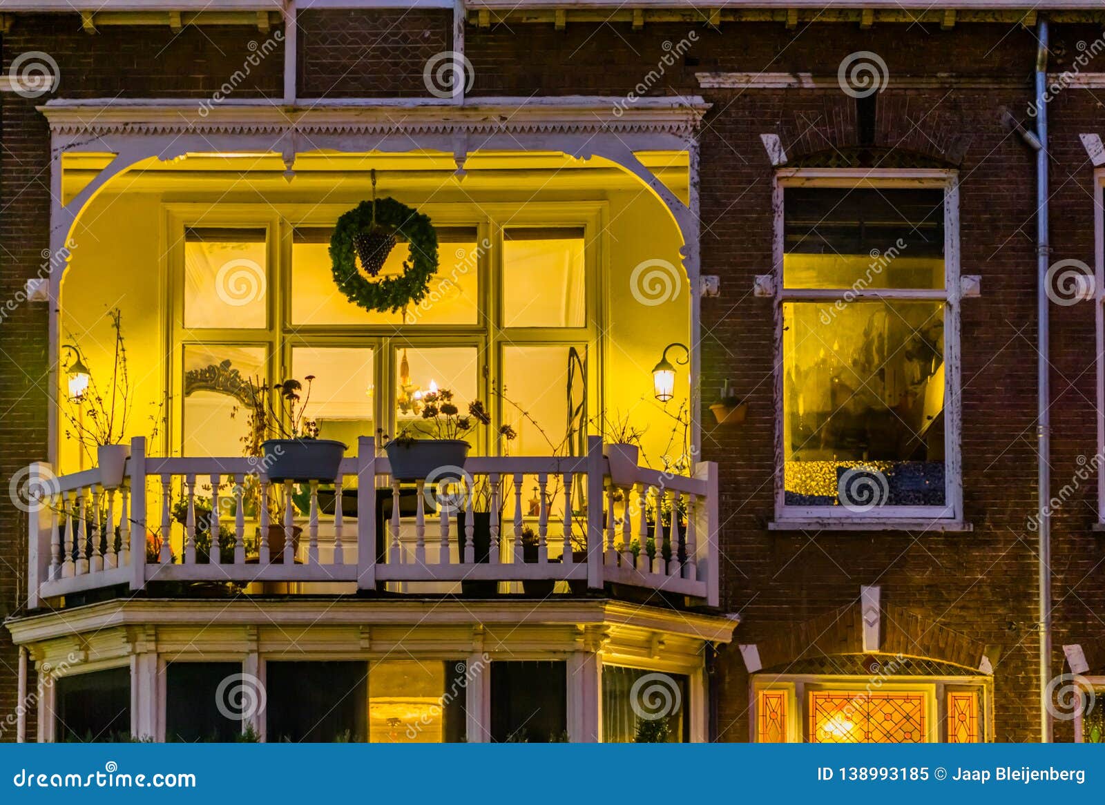 Beautiful Decorated Balcony and Lighted Windows, Luxurious City ...