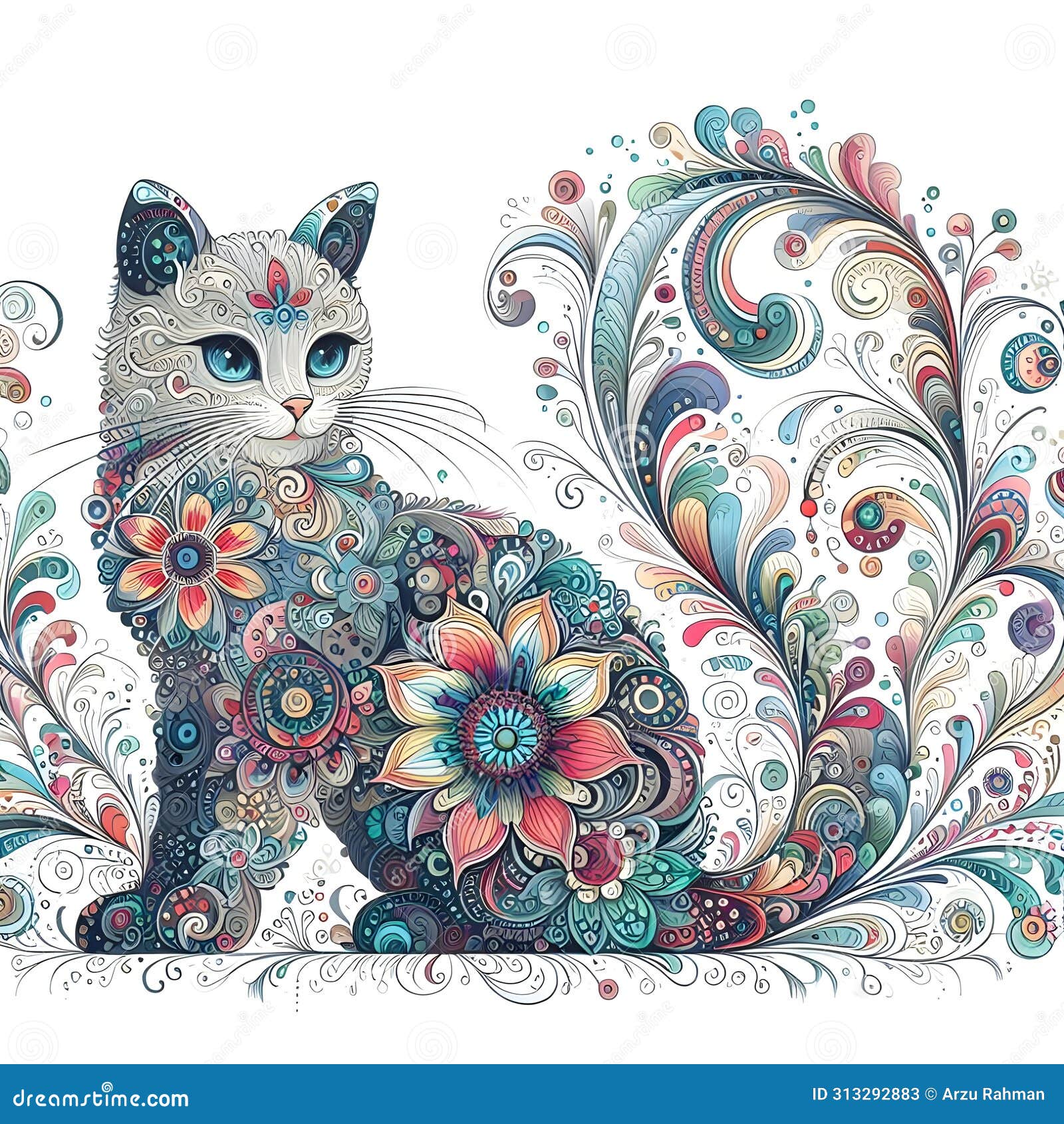 Beautiful Decorative Cat Abstract Flo Stock Illustration - Illustration ...