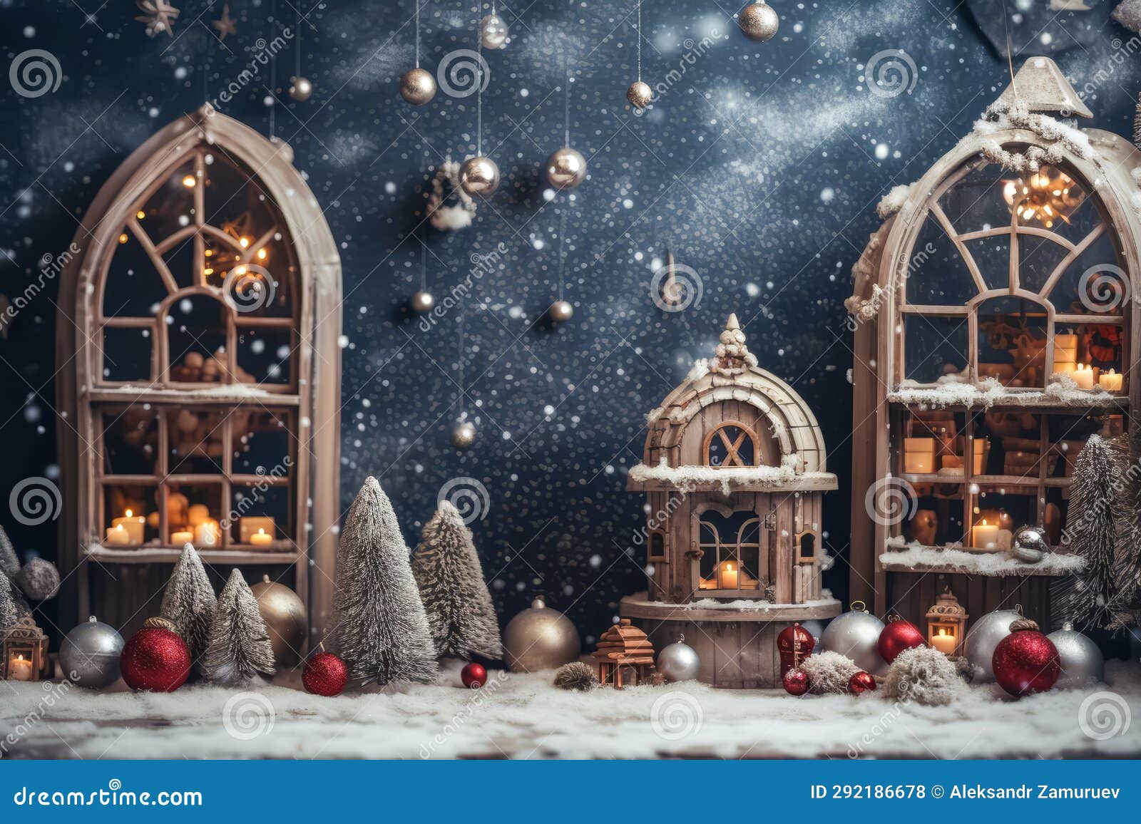 Beautiful Decorative Windows, Baubles and Small Christmas Tree on Thw ...
