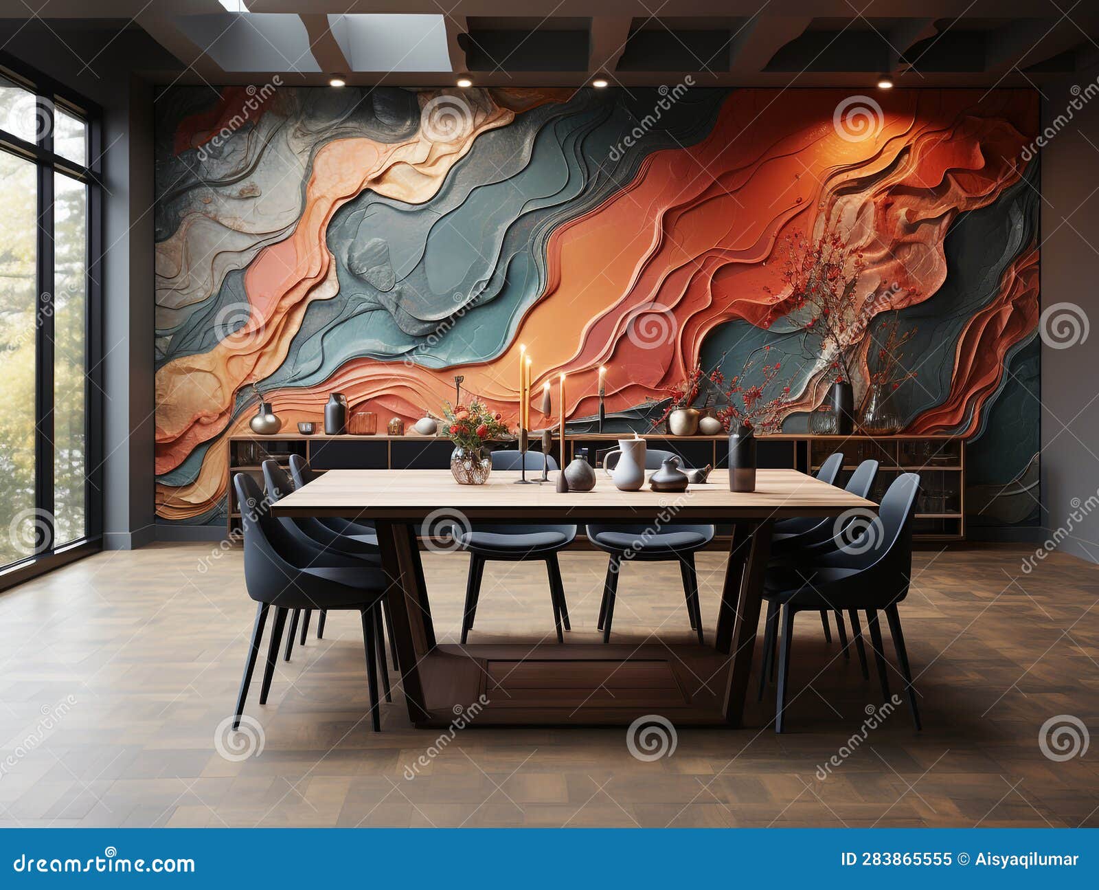 A Beautiful Dining Table with a Dining Room Wall Mural Featuring ...