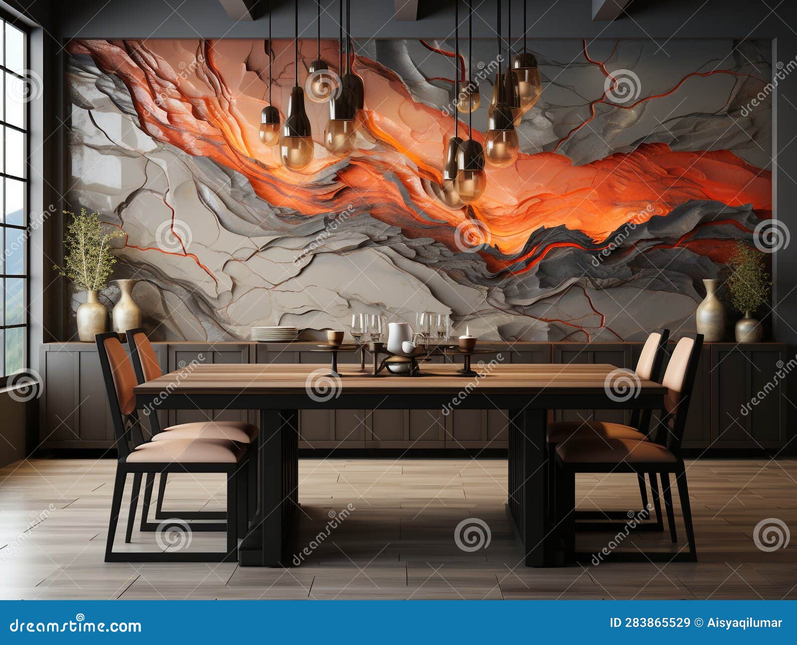 A Beautiful Dining Table with a Dining Room Wall Mural Featuring ...