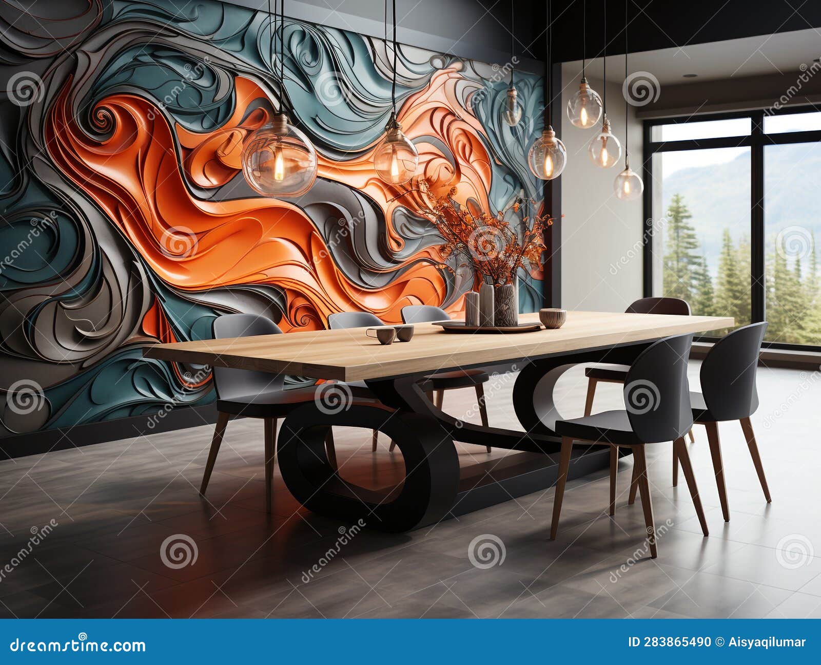 A Beautiful Dining Table with a Dining Room Wall Mural Featuring ...