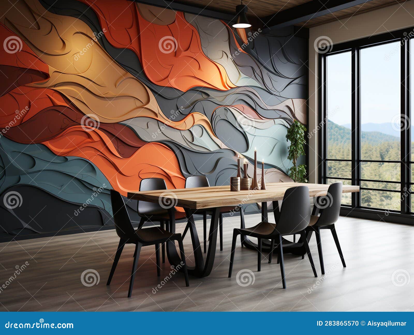 A Beautiful Dining Table with a Dining Room Wall Mural Featuring ...
