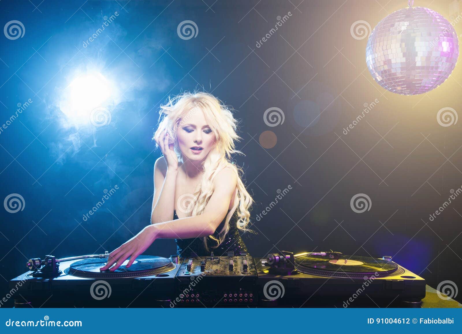 Beautiful DJ Girl on Decks in the Disco Stock Photo - Image of audio ...