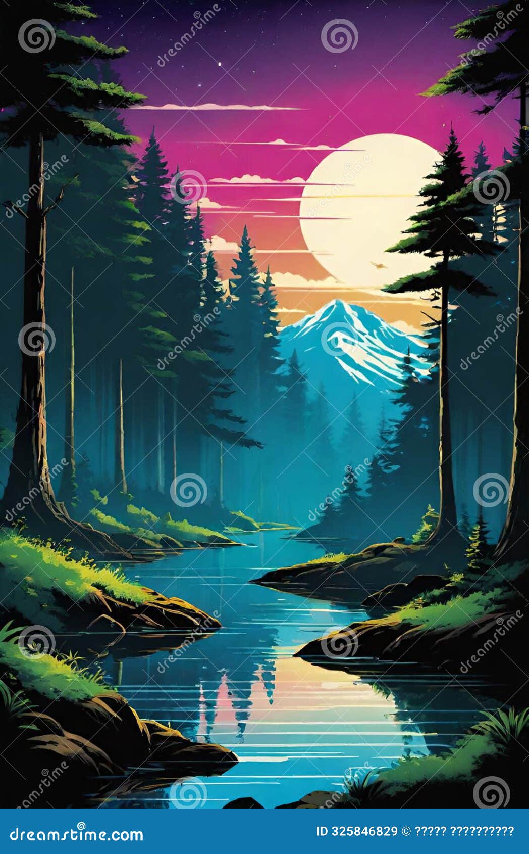 Beautiful Colorful Drawing Depicting Forest, Nature, Mountains, Sky ...