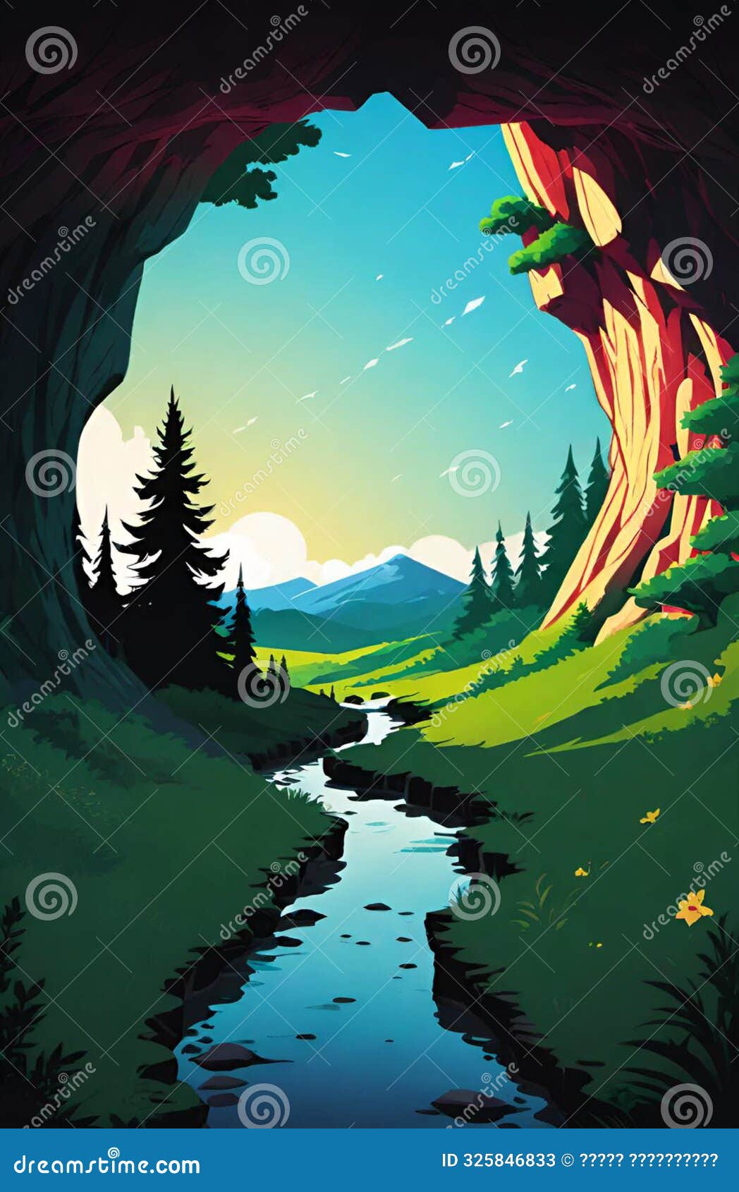 Beautiful Colorful Drawing Depicting Forest, Nature, Mountains, Sky ...