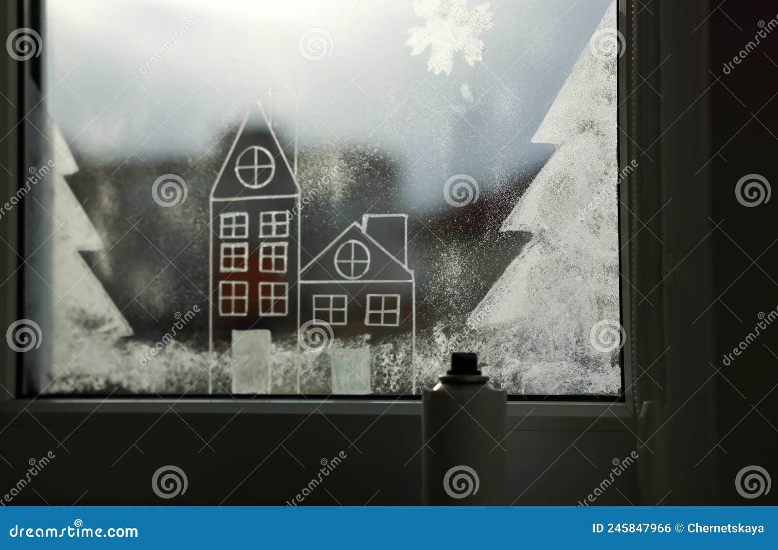 Beautiful Drawing Made with Artificial Snow on Window. Christmas Decor ...