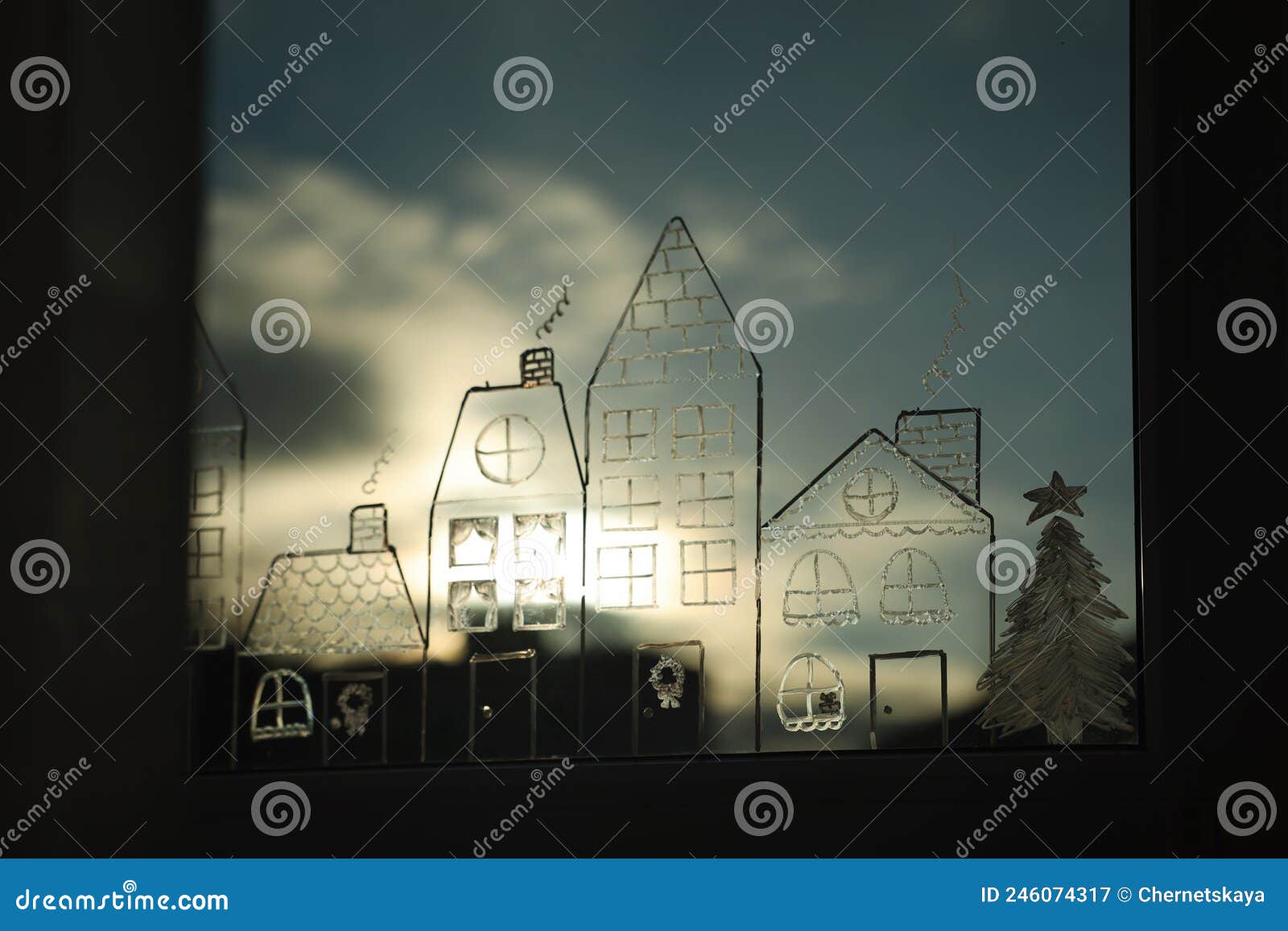 Beautiful Drawing Made with Artificial Snow on Window. Christmas Decor ...