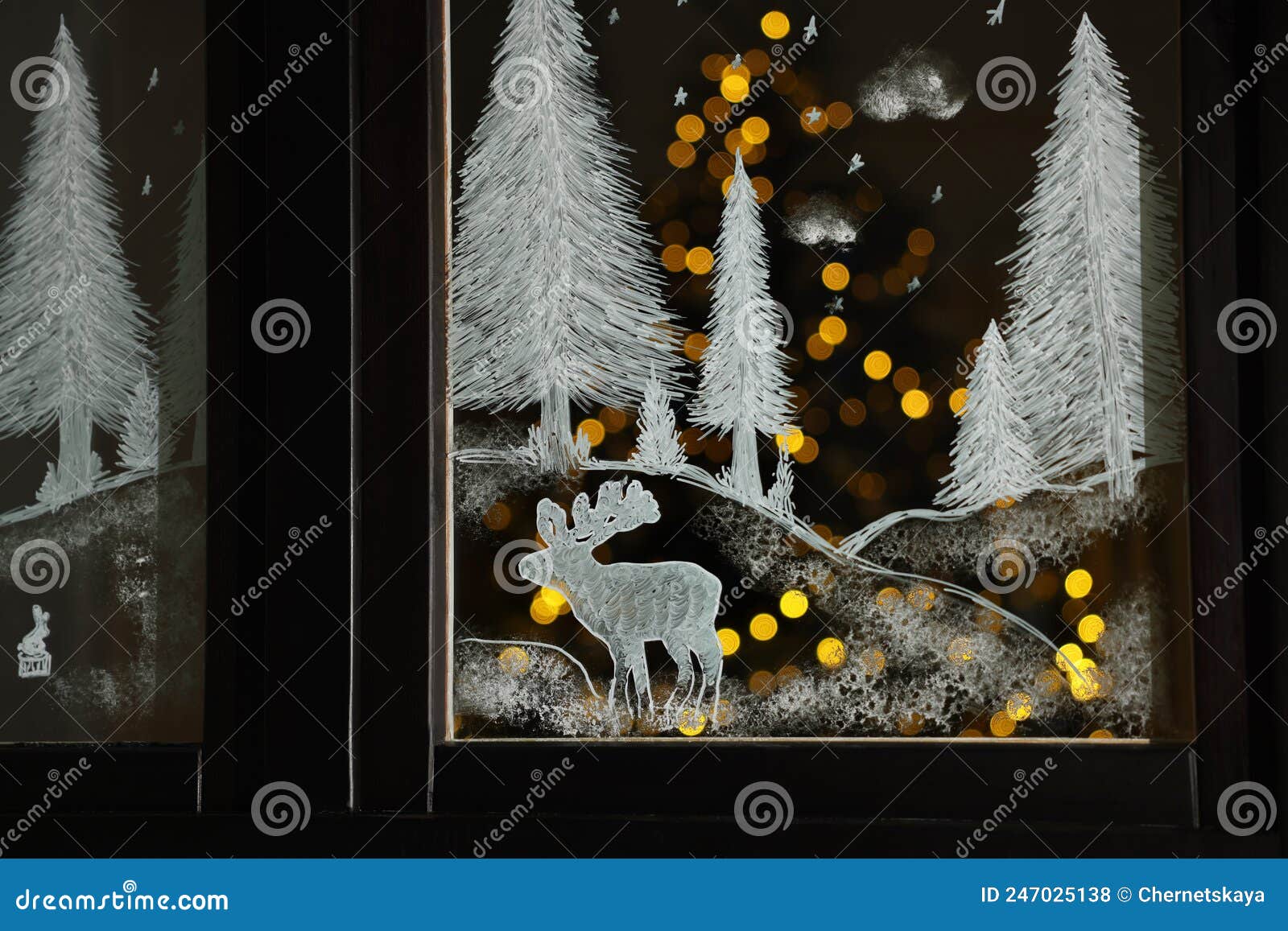 Beautiful Drawing Made with Artificial Snow on Window. Christmas Decor ...