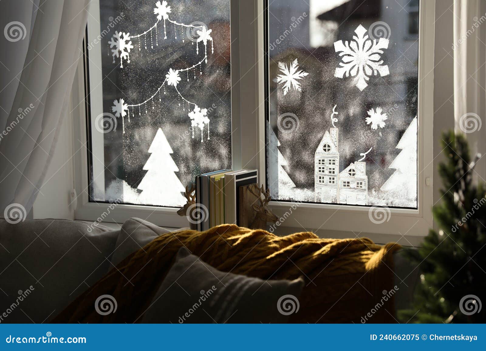 Beautiful Drawing Made of Artificial Snow on Window at Home. Christmas ...