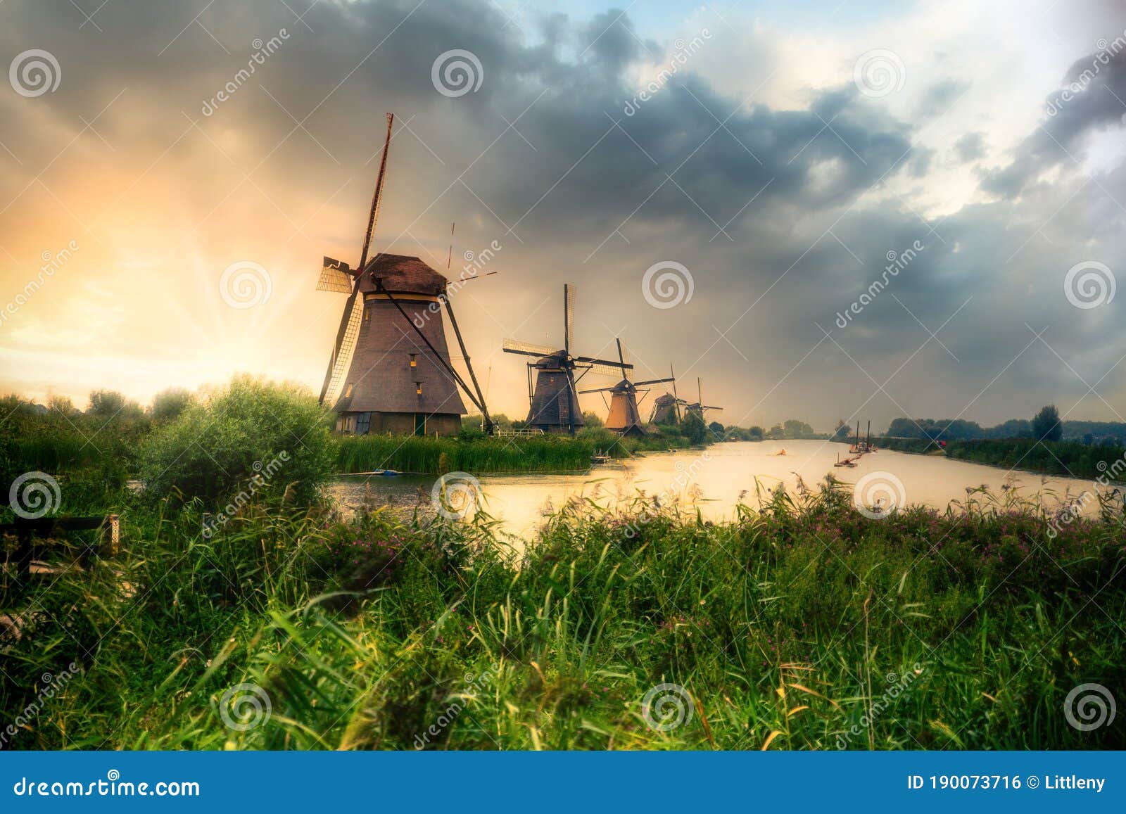 Beautiful Dutch Windmills and Landscape Stock Photo - Image of sunrise ...