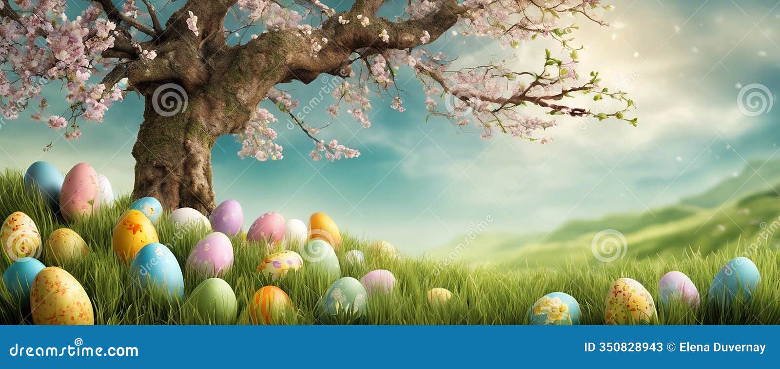 Easter Background. Cute Fluffy Chicken With Colorful Easter Eggs On A ...