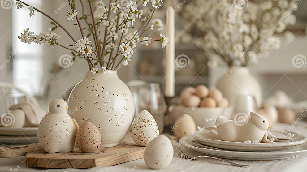 Beautiful Easter Table Setting with Eggs and Spring Flowers. Modern ...