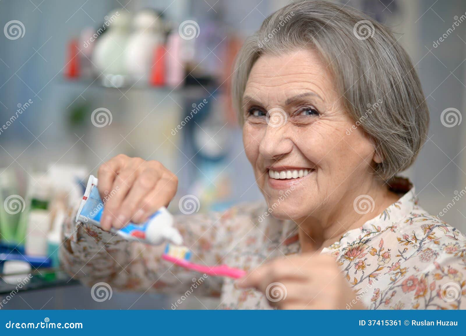 Beautiful Elderly Woman Brushing Her Teeth Stock Image - Image of ...