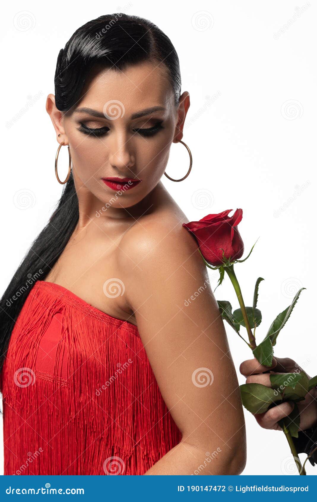 Beautiful, Elegant Dancer Looking at Red Rose in Hand of Partner while ...
