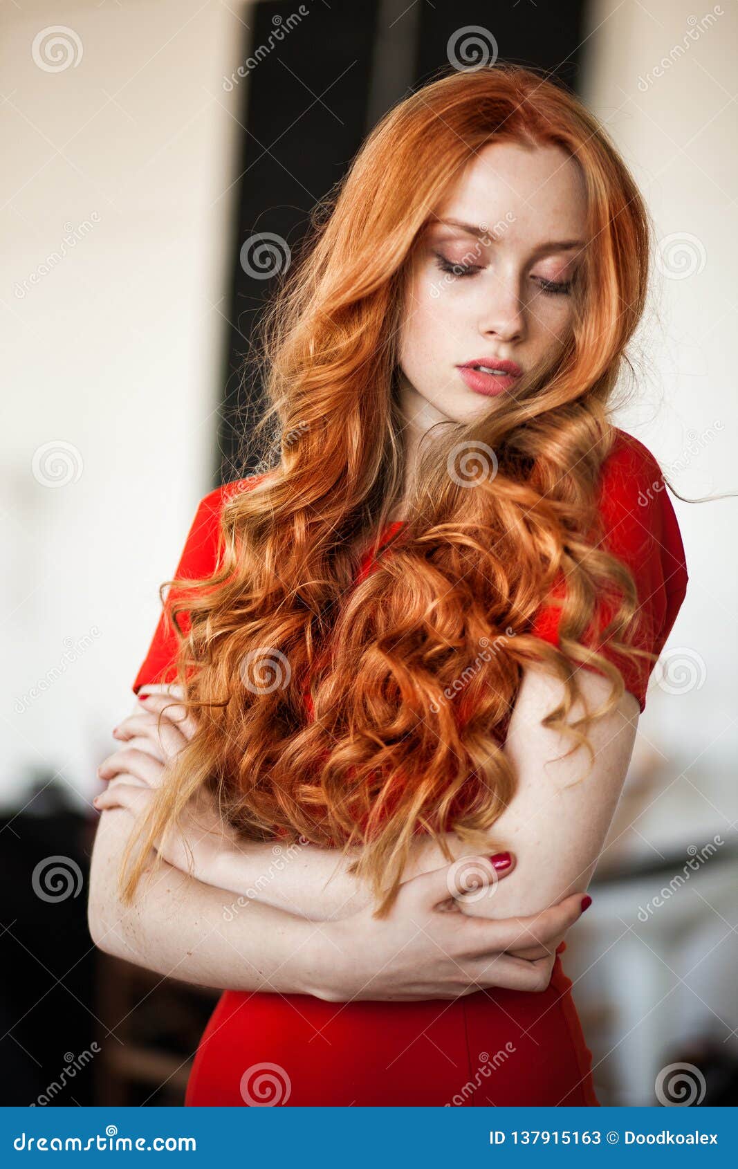 Beautiful Elegant Redhaired Woman In A Red Dress Stock Image Image Of